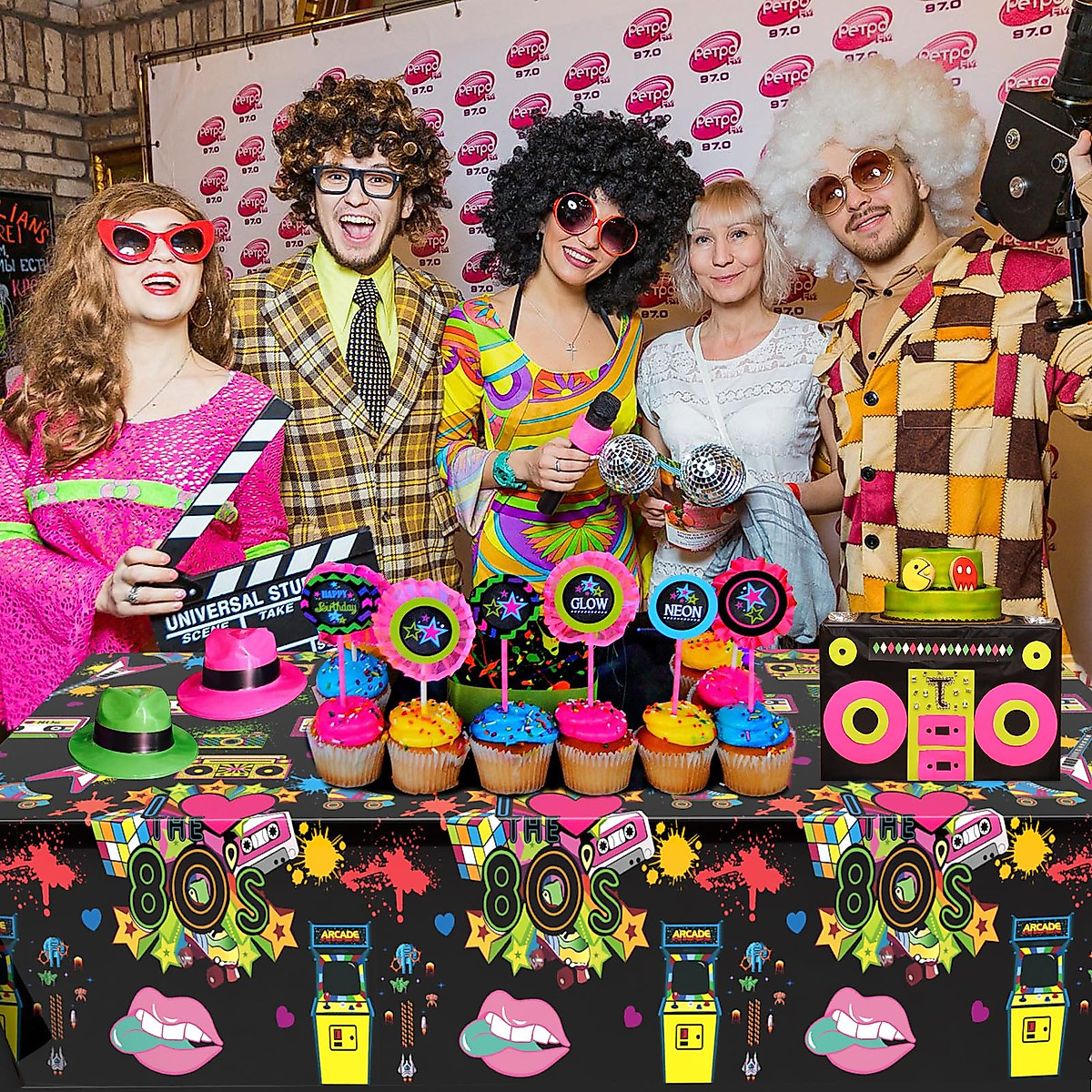 FunHot 80s Tablecloths, 4 Pcs 54 x 108 Inch Waterproof Black Print Rectangular Table Covers for 80s Nostalgia Party Decorations