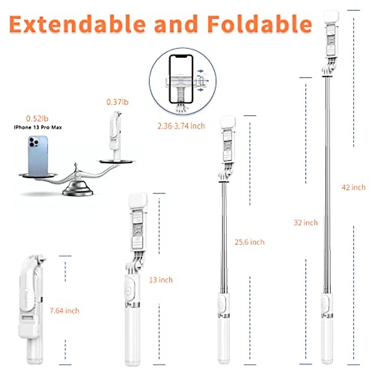 Selfie Stick with Fill Light, Tupwoon Extendable [42 Inch] Selfie Stick with Detachable Remote, Portable Phone Tripod Stand, Compatible with iPhone 14/13/12/11, Samsung Google Smartphones