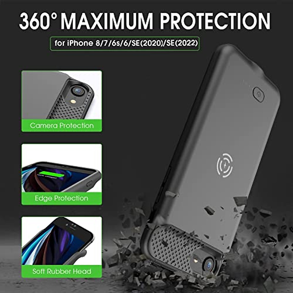 GIN FOXI Wireless Battery Case for iPhone 8/7/6s/6/SE 2020/SE 2022, Slim 5000mAh QI Wireless Charging Battery Case Protective Rechargeable Battery Charging Case for iPhone SE/8/7/6s/6-4.7"