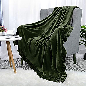 PiccoCasa Flannel Fleece Blanket Throw Size Army Green - Luxury Sofa Throws and Blankets with Ruffle Trim - Lightweight Plush Microfiber Solid Decor Blanket for Couch,Bed, Chair, 50" x 60"