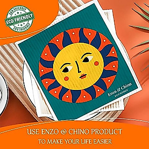 Enzo & Chino Swedish Dishcloths for Kitchen | Reusable Paper Towels Washable | 5 Pack Sun Print Swedish Dish Towels | Non-Scratch Cellulose Sponge Cloths | Biodegradable, No Odor