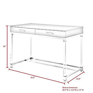 Casandra High Gloss 2 Drawers Writing Desk with Acrylic Legs and Gold Stainless Steel Base, Black/Gold