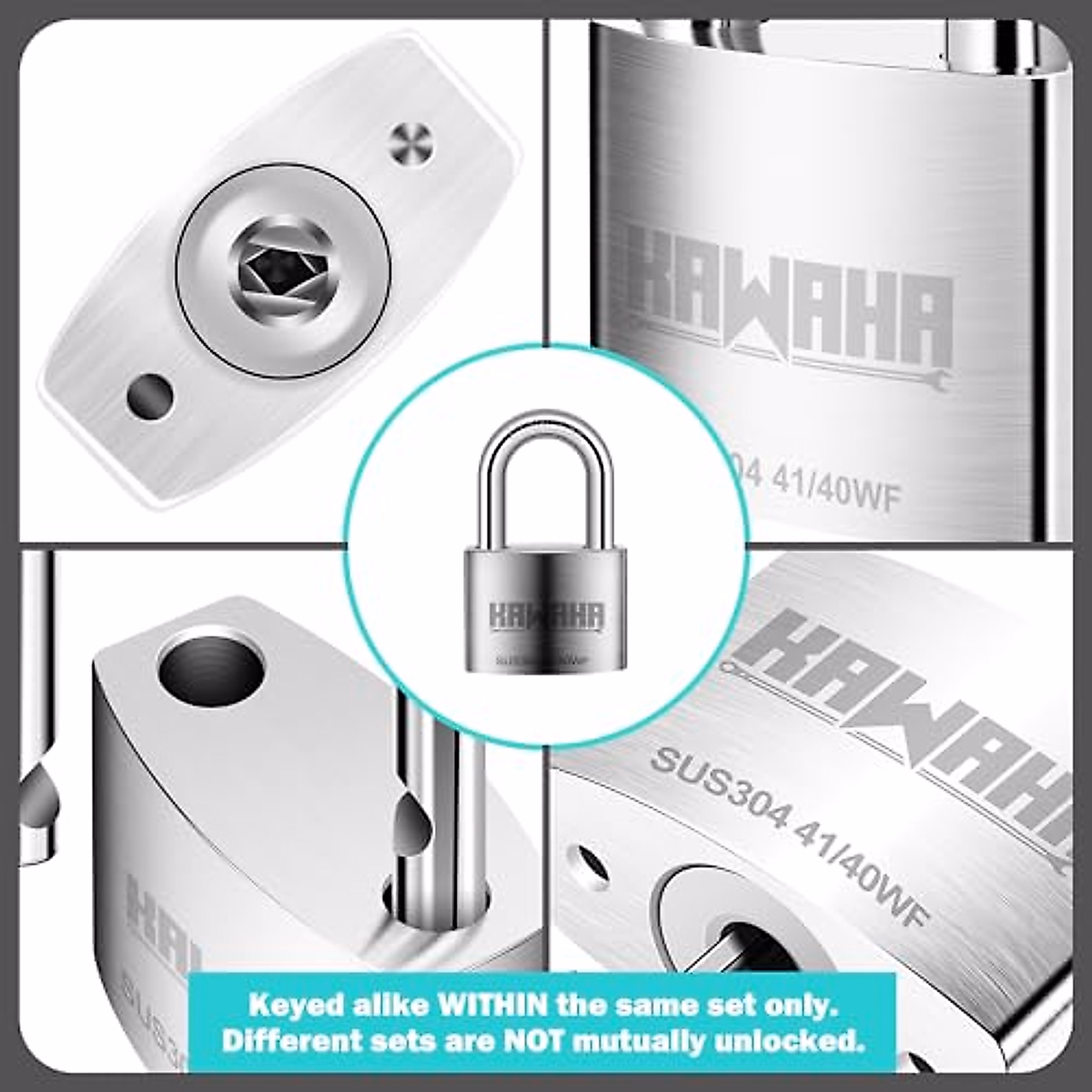 KAWAHA 41/40-4P 1-9/16 inch (40mm) High Security Stainless Steel Padlock with Key for Both Indoor and Outdoor use (SUS304 Stainless Steel, Heavy Duty, Anti-Rust) (40mm, Keyed Alike - 4 Pack)