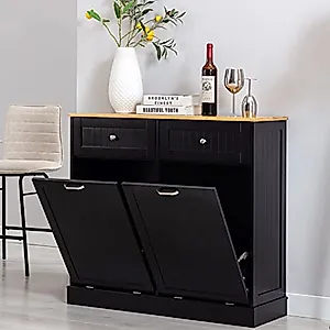 Double Tilt Out Trash Cabinet 20 Gallon, Freestanding Wooden Kitchen Trash Recycling Cabinet with Drawer & Removable Cutting Board, Dog Proof Trash Can Cabinet, Black