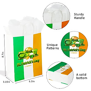 SPERPAND 24 Pcs St. Patrick's Day Gift Bags with 24 Tissue, 8.7"Paper Goodie Favor Bags with Handles, Shamrock Green Orange White Stripe Patrick Bags for Party Accessories(3 Irish Styles)