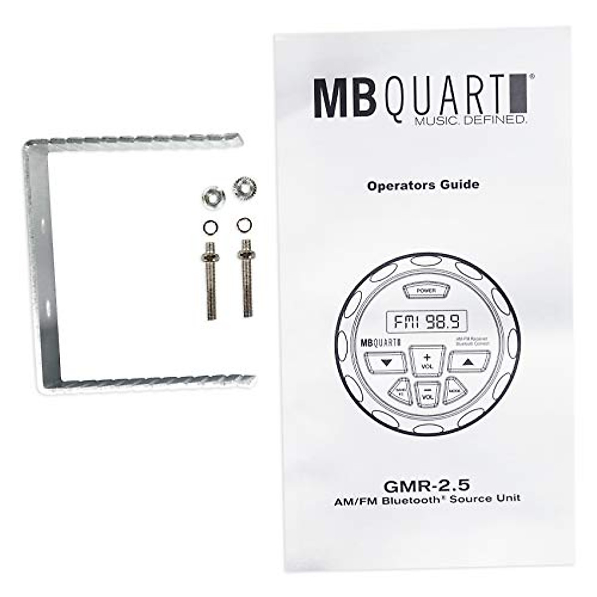 MB Quart GMR-2.5 Bluetooth Gauge Stereo Receiver w/Aux For RZR/ATV/UTV/Cart Bundle with Pair Rockville RKL65MBW Marine Boat Speakers and Pair RWB70B Marine Swivel Tower Speakers