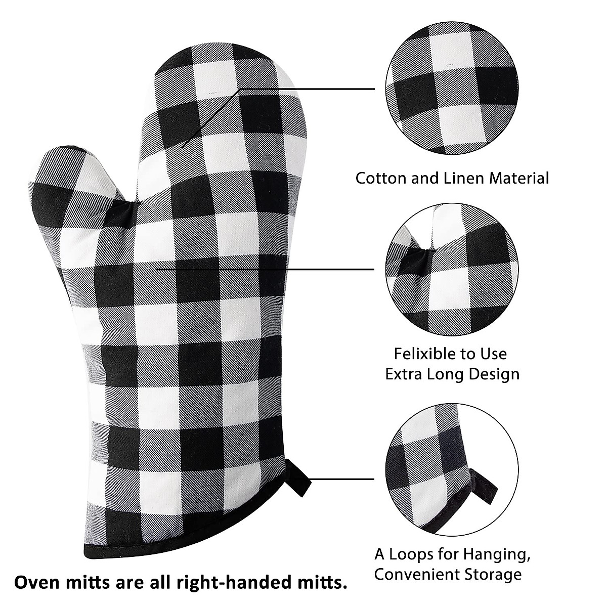 GROBRO7 6Pcs Buffalo Check Plaid Oven Mitts and Pot Holders Set Pure Cotton Heat Resistant Potholders Washable Durable BBQ Gloves with Hanging Loop for Safe Kitchen Baking Cooking Grilling White&Black