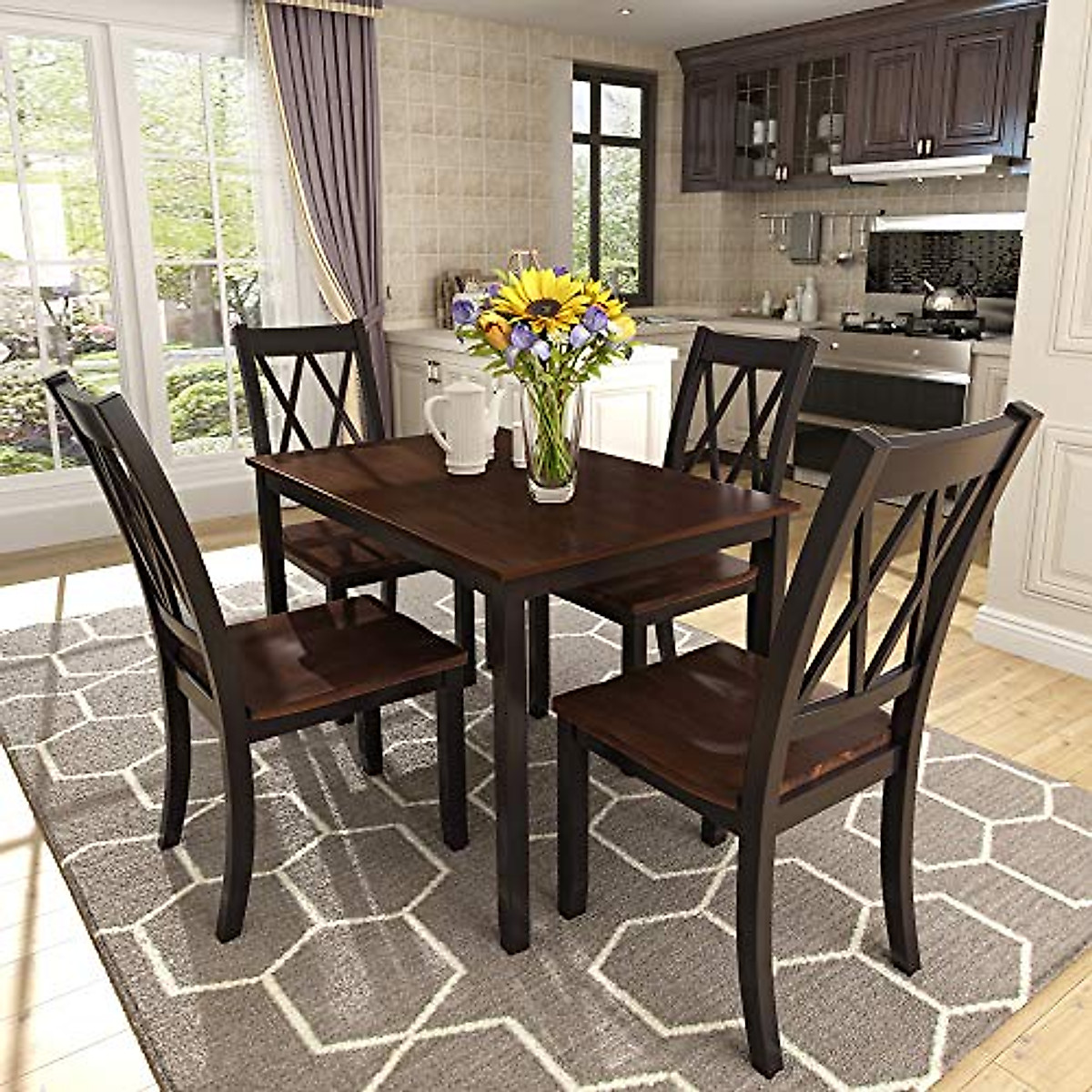 BEDGJH 5-Piece Wood Dining Table Set, Kitchen & Dining Room Furniture-1 Solid Wood Round Table w/ 4 Cross Back Chairs for Breakfast Lunch Dinner Living Space (Black+Cherry)