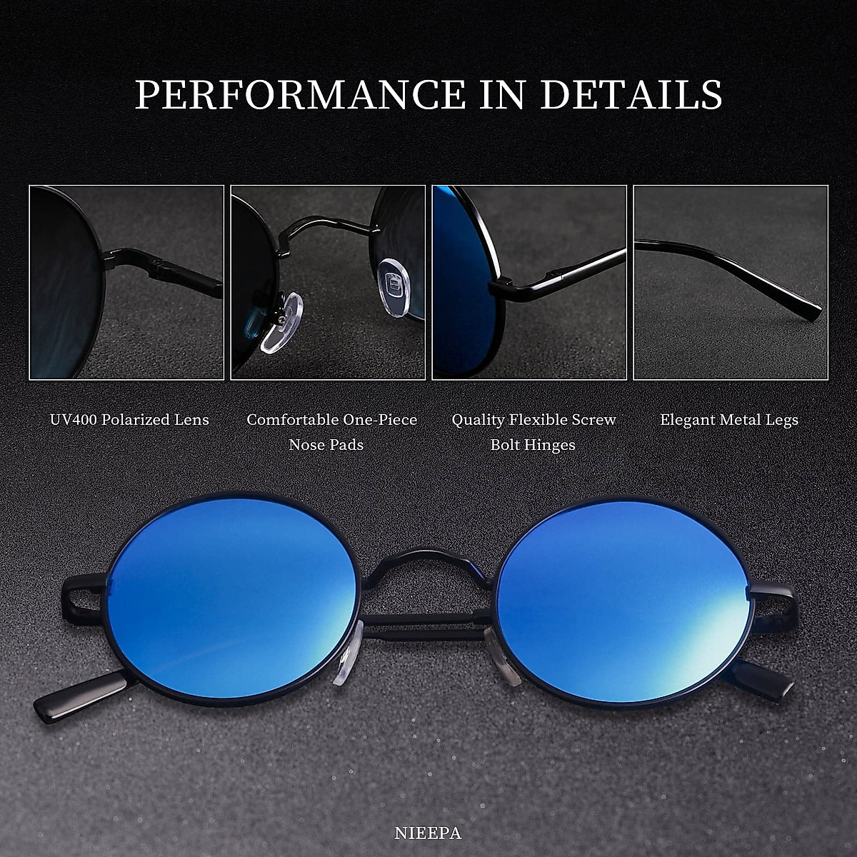 NIEEPA Vintage Round Polarized Hippie Sunglasses Small Circle Metal Driving Sun Glasses (Black Frame/Blue Mirror Lens)