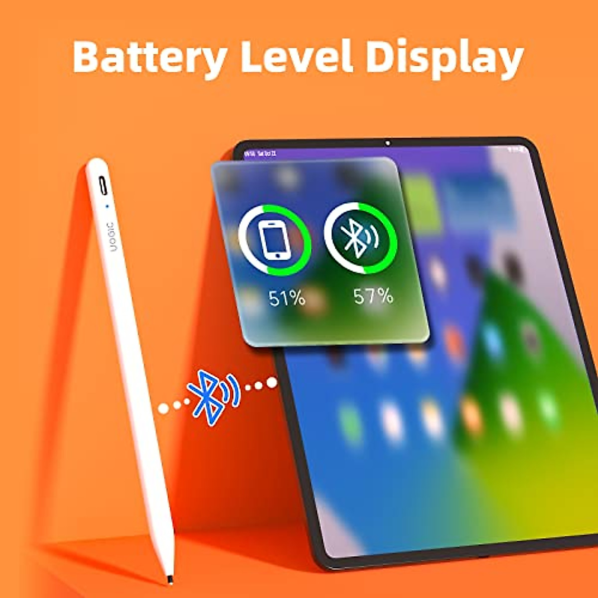 Uogic Stylus for iPad, iPad Pen with Bluetooth Shortcut, Battery Level Display, Palm Rejection, iPad Pencil Compatible with iPad Pro 11/12.9" 2018-2022, iPad 6/7/8/9, iPad Mini 5/6, iPad Air 3/4/5