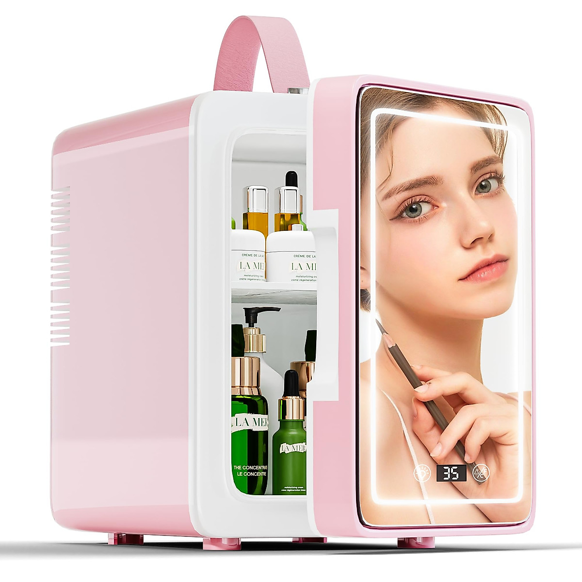 BOGDA 4L Mini Skincare Fridge with Dimmable LED Light Mirror, Cooler and Warmer Temperature Control Digital Display, Portable Cosmetic Refrigerator for Makeup, Skin Care, Bedroom Office Car, Pink