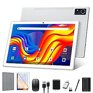 【2023 Newest Tablet】Android 12 Tablet with Keyboard, 16(8+8)GB RAM 128GB ROM 1TB Expand Tablets 10 inch, 2.4G/5G WiFi Tablet Android, Octa-Core 1920 * 1200 IPS Display 13MP Camera, 7000mAh GPS, Silver