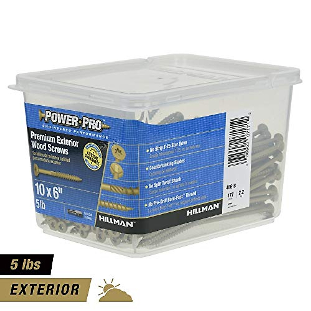 Power Pro 48618 Wood Screws, #10 x 6", Premium Outdoor Deck Screws, Rust Resistant, Epoxy Coated Bronze, 5lb Tub, 177 pcs