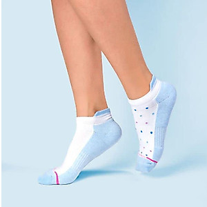 Dr. Motion Womens Low Cut Cushioned Breathable Compression Ankle Socks with Arch Support 6 Pairs (White/Blue Dots)