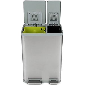 SIMPLI-MAGIC 60 Liter / 16 Gallon Rectangular Hands-Free Dual Compartment Recycling Kitchen Step Trash Can with Soft-Close Lid, Brushed Stainless Steel (38L x 22L Capacity)