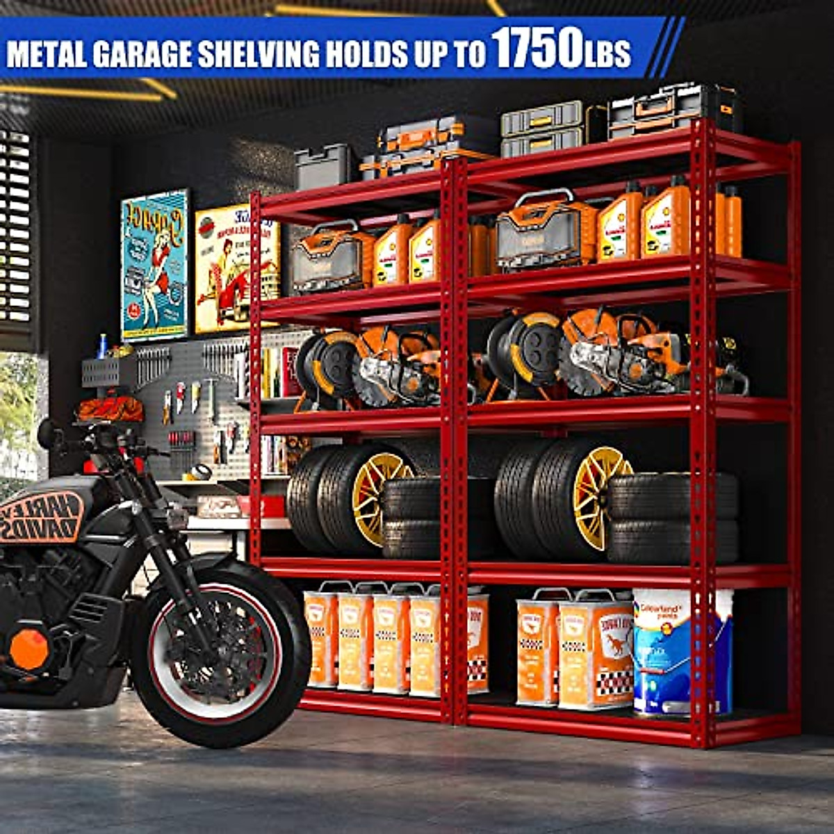 REIBII Garage Shelving Heavy Duty 72" Garage Storage Shelves 5 Tier Adjustable Heavy Duty Shelving 1750LBS Metal Storage Shelving Unit for Basement Garage Storage Rack 72"H x 16.8"D x31.8"W Red Black