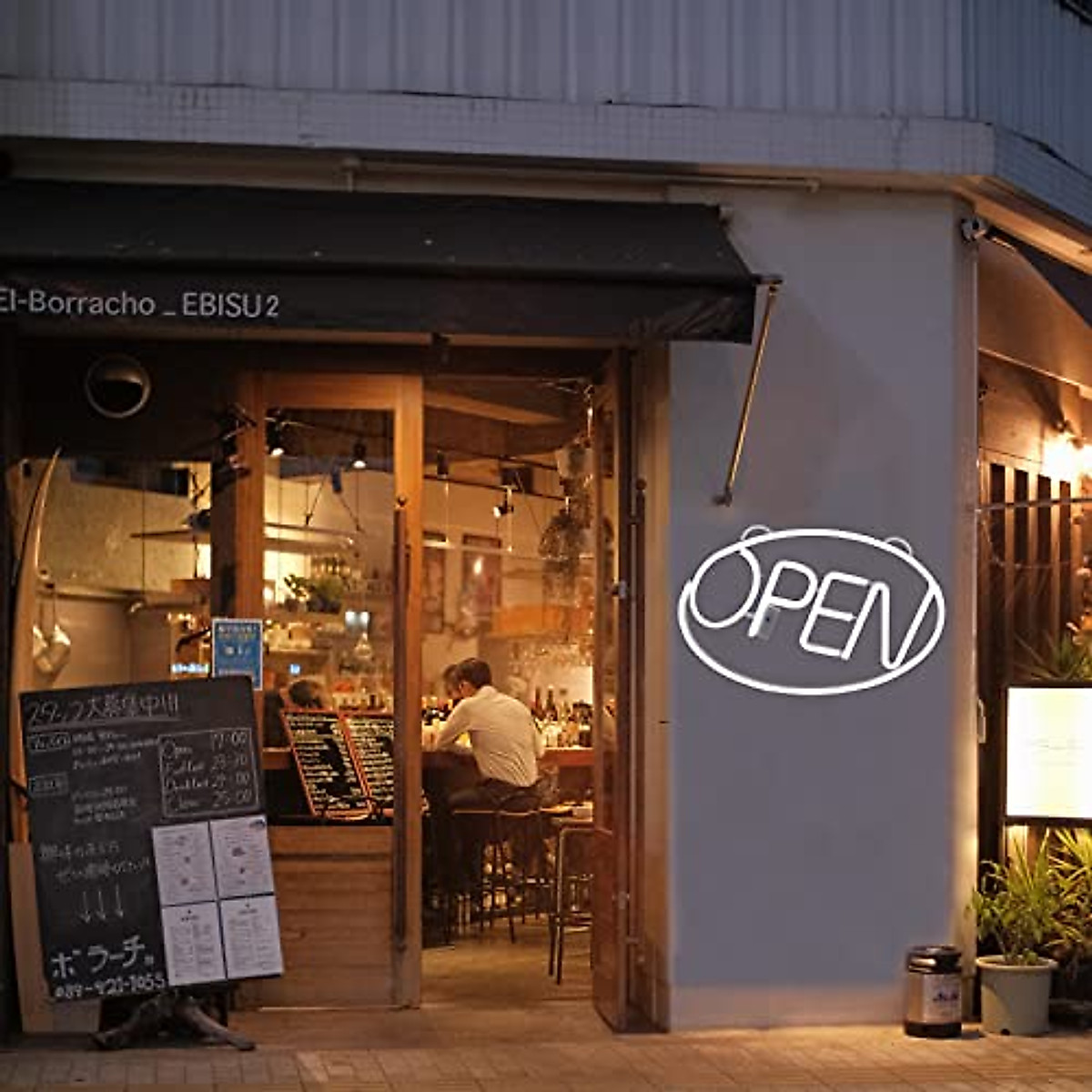 AMEVRGTHS Open Neon LED Sign Light for Business Window, 8 LED Lighting Modes, 16"x 10", Battery/USB Powered with Remote Control Adjustable Brightness for Door Sign Birthday Party Christmas (White)