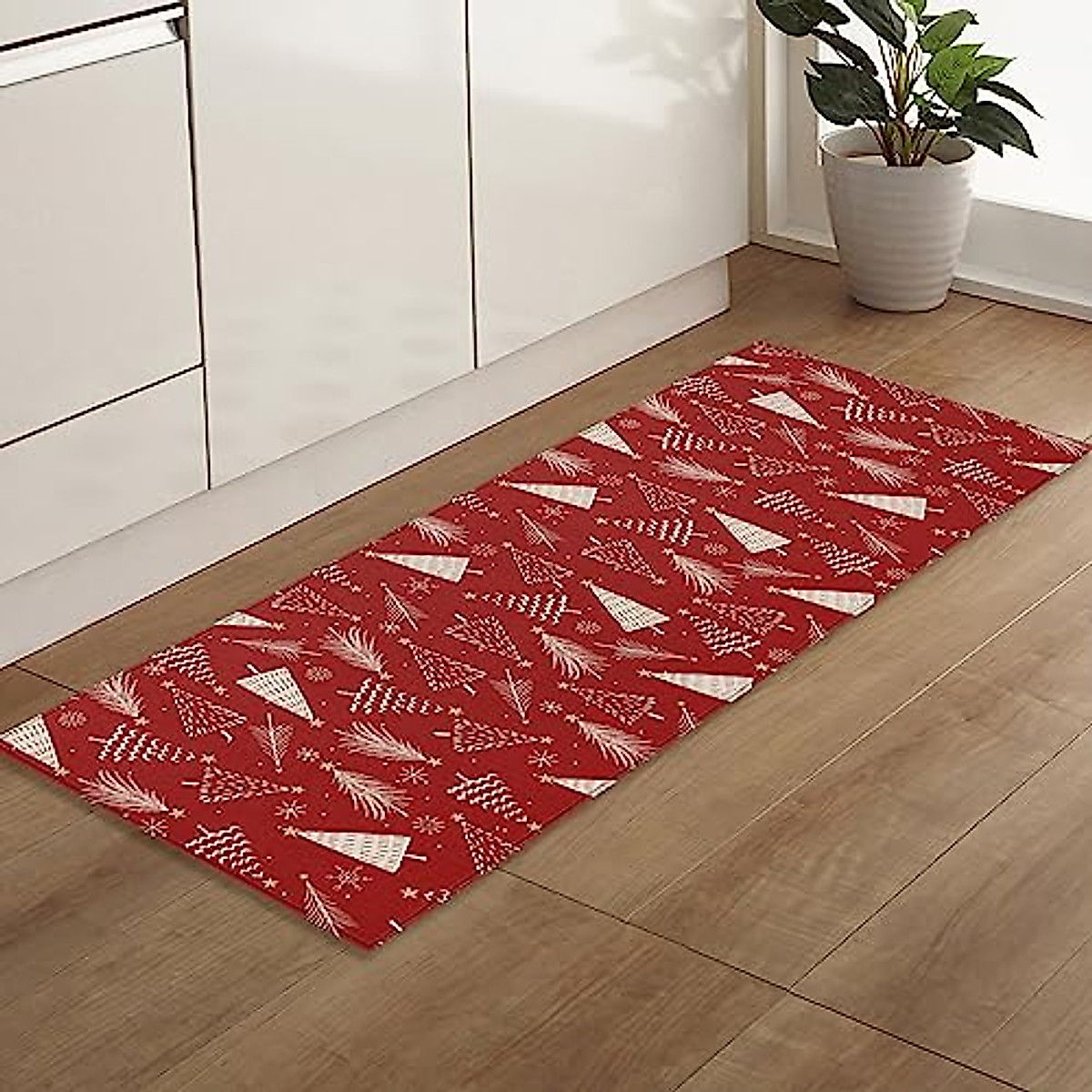 Libaoge Christmas Kitchen Rugs and Mats Set of 2 Xmas Tree Red Background Kitchen Sink Mat,Non-Slip Area Runner Rug,Washable Floor Mat for Home Dining Room Office 20"x24"+20"x48"