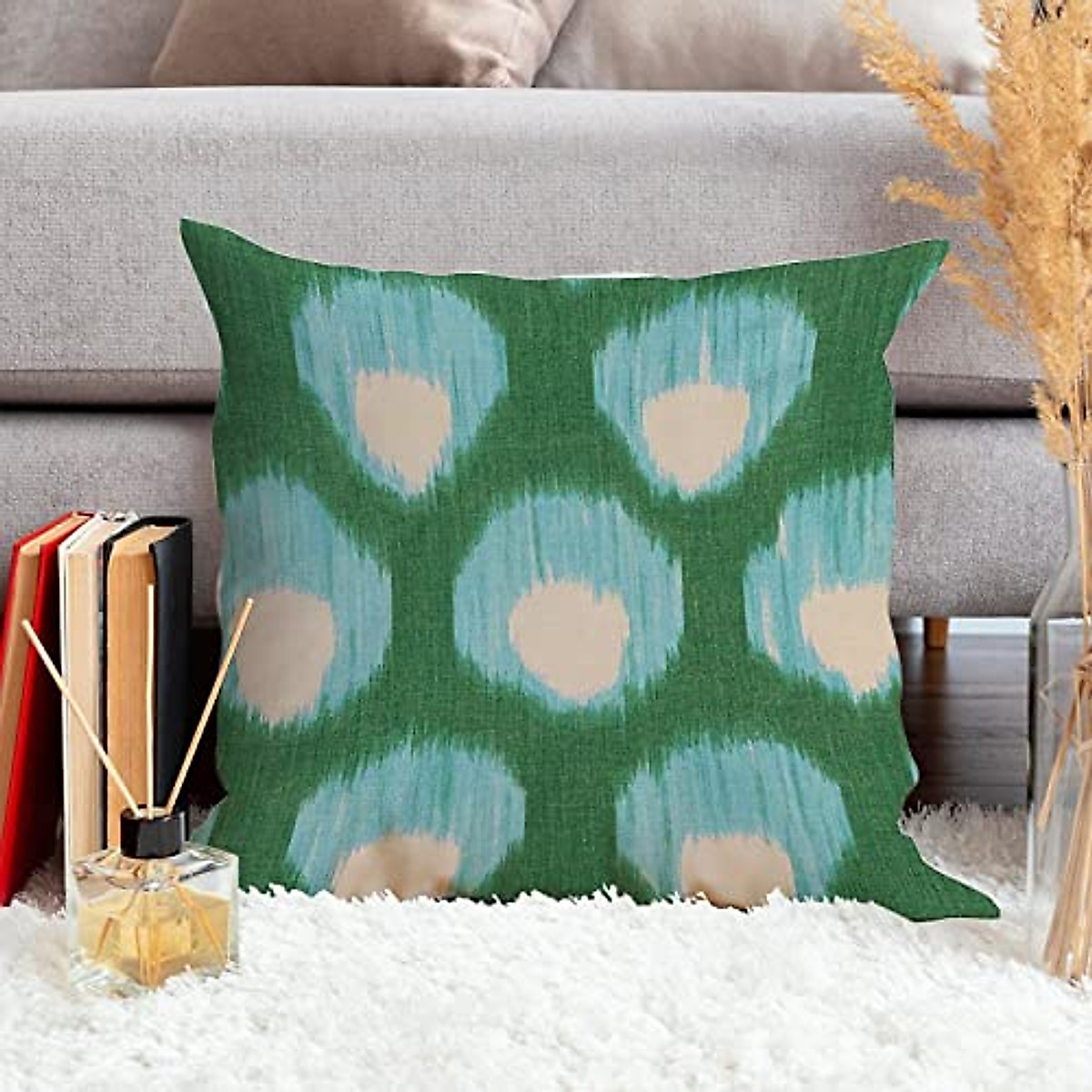 MangGou Peacock Green and Aqua Bukhara Ikat Cushion Cover Home Decor Sofa Pillows with Zipper Hidden Toss Pillows for Living Room Bedroom Gift White Linen 20x20in