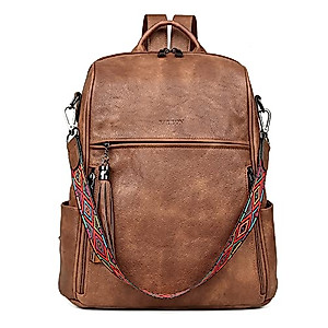 FADEON Leather Backpack Purse for Women Designer Travel Backpack Purses PU Fashion Ladies Shoulder Bag with Tassel Brown