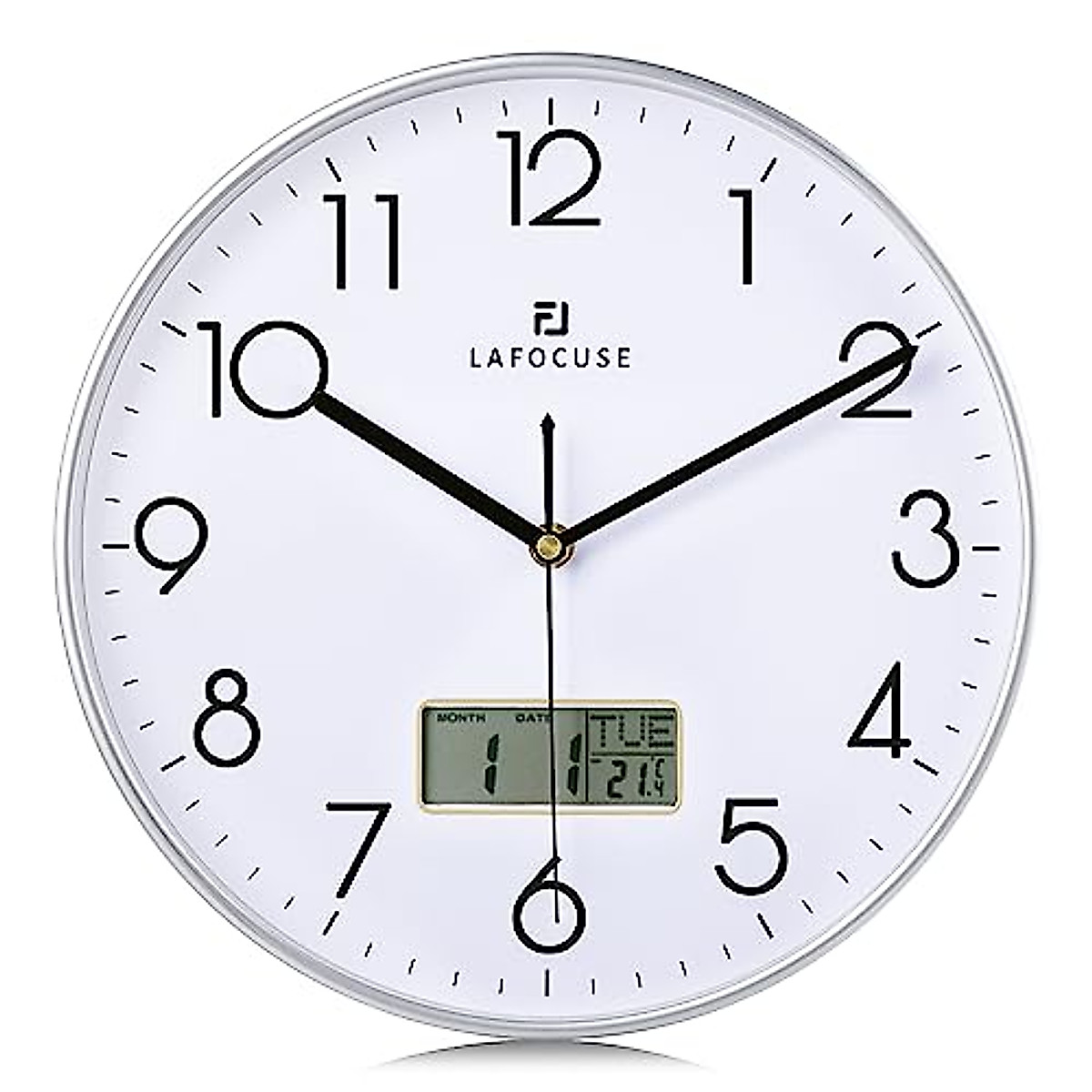 Lafocuse Silver Wall Clock with Date,Month,Day of Week and Temperature, Silent Non-Ticking Battery Operated Clock for Living Room Bedroom Office Decor