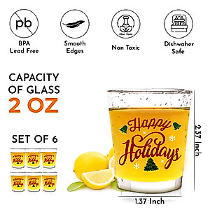 Bisyata christmas Shot Glass Gift Set -Happy Holidays- Glasses Drinkware or Votive Candle Holder for Thanksgiving or christmas Table Decoration - 2oz Set of 6 - With Gift Box