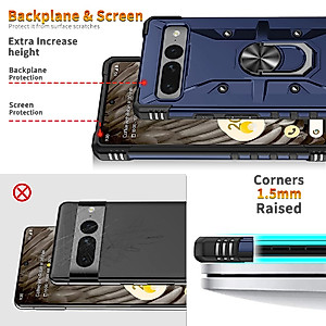 Suordii Case for Google Pixel 7 Pro with Tempered Glass Screen Protector, Durable Military-Grade Heavy Duty Phone Case with Ring Holder Kickstand for Google Pixel 7 Pro - Blue