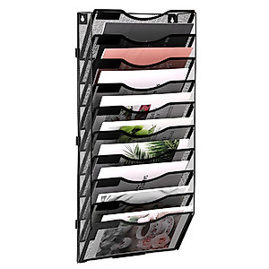EasyPAG Mesh Wall File Holder 10 Pocket Assembly Office Hanging File Folder Organizer Magazine Rack Mail Sorter Bin | Nametag Label Included, Black