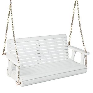 Tangkula 2 Person Hanging Porch Swing, Outdoor Bench Swing with Adjustable Chains, High Back, Cozy Armrests, Wooden Tree Swing Chair for Patio Backyard Deck Garden (White)