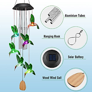 Solar Wind Chimes Outside Hummingbird Wind Chime Birthday Gifts for Mom Grandma - Memorial Windchimes Decor for Outdoor Yard Patio Porch Garden Backyard - IP65 Waterproof