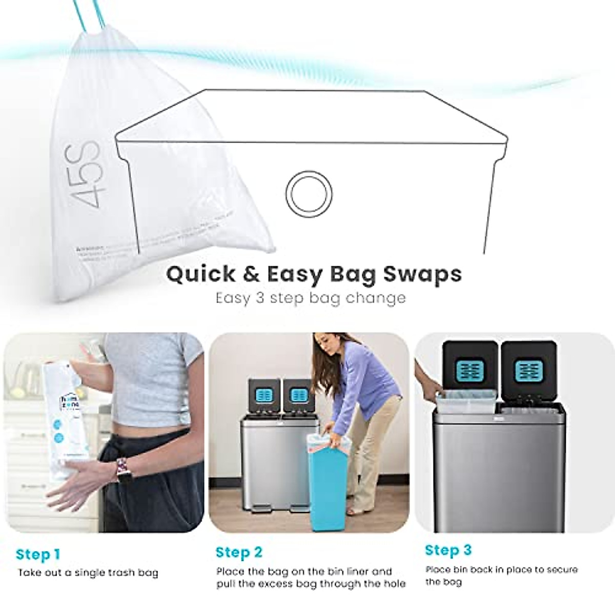 Home Zone Living 16 Gallon Dual Trash Can for Recycling and Trash with CleanAura Odor Control, 60 Liter Total Capacity, Silver