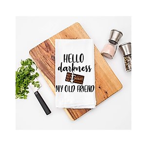 Hello Darkness My Old Friend - Dish Towel Kitchen Tea Towel Funny Saying Humorous Flour Sack Towels Great Housewarming Gift 28 inch by 28 inch, 100% Cotton, Multi-Purpose Towel