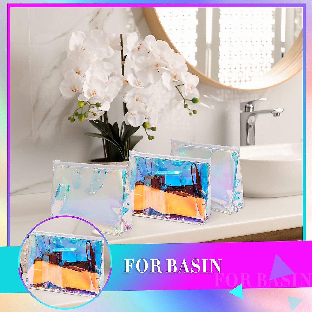 Dunzy 10 Pcs Holographic Iridescent Makeup Bag Portable Waterproof Cosmetic Makeup Pouch Cute Zippered Toiletry Bag Clear Cosmetic Bags for Travel Women Girls