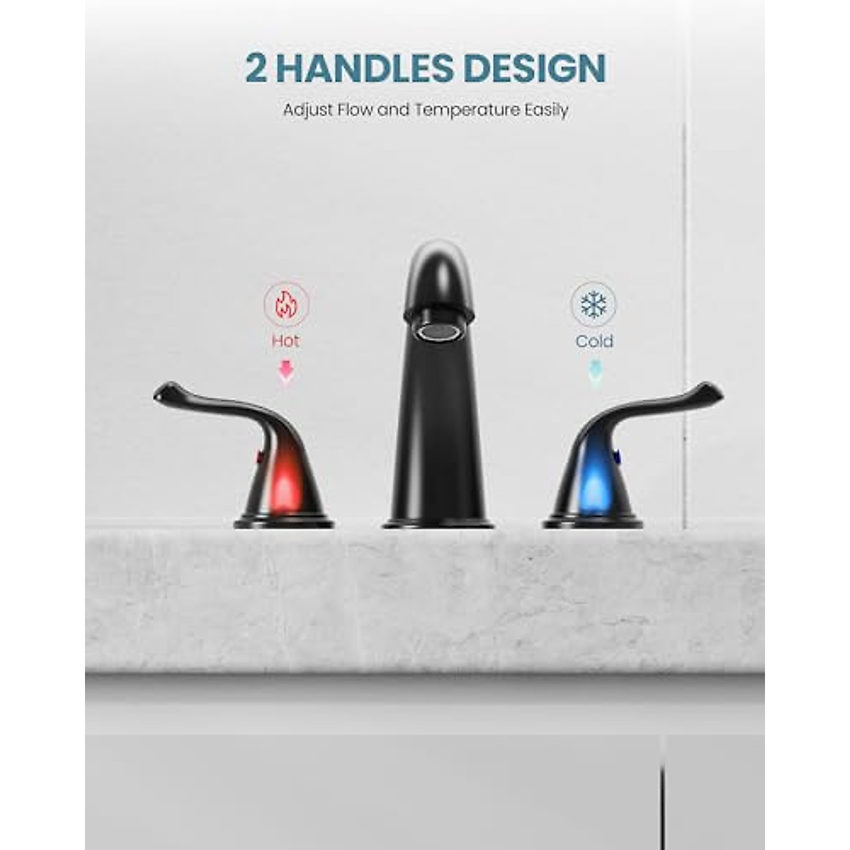 Black Bathroom Faucets, Faucet for Bathroom Sink - 2 Handle Basin Faucet, 3 Hole 8 Inch Widerspread Bathroom Faucet with Pop Up Drain Assembly, Water Supply Lines Faucets for RV Bath Vanity