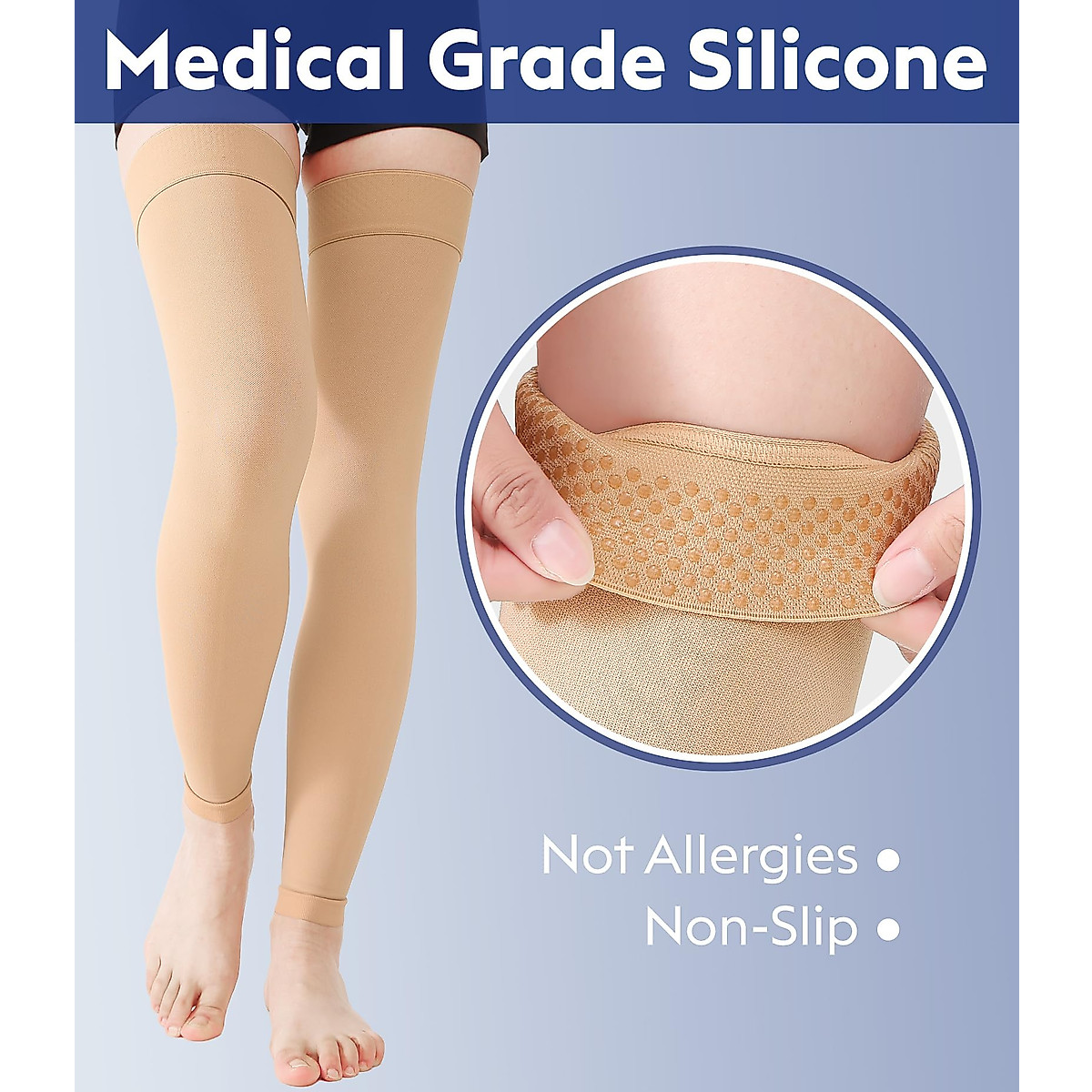 KEKING® Thigh High Compression Stockings Footless, Unisex, 15-20mmHg Leg Support Compression Sleeves with Anti-Slip Silicone Band, Opaque, Treatment Swelling, Varicose Veins, Edema,DVT, Beige XX-Large