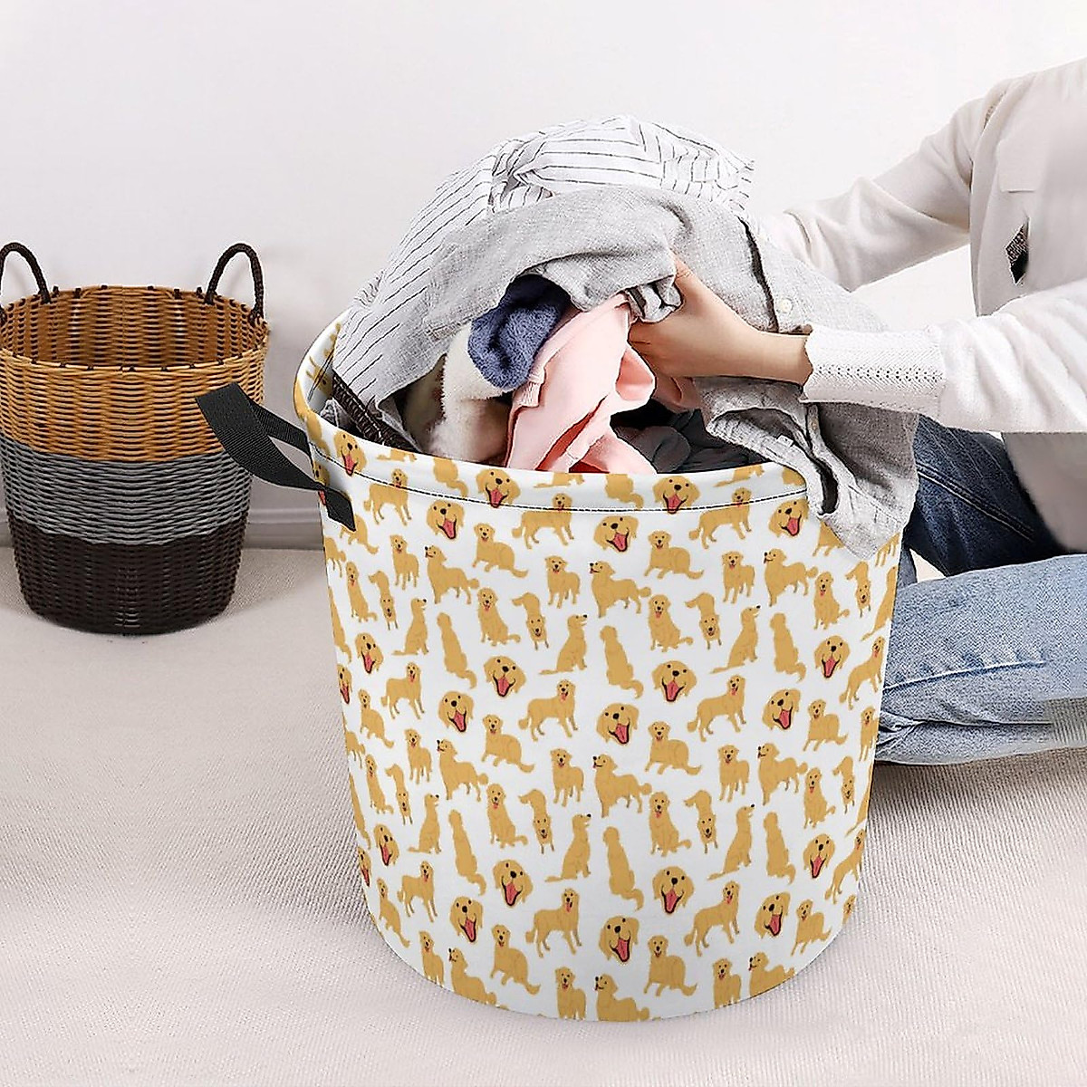 PNDLKEIR Golden Retrievers Pattern Foldable Oxford Cloth Laundry Hamper Waterproof Laundry Basket for Bathroom, Bedroom, Laundry Room - 17.3 X 17.3 Inch, Large size, style