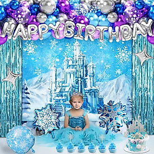 Frozen Birthday Party Supplies Winter Decoration Pack 117 Pcs Wonderland Snowflake Princess Party Decors for Girls (Backdrop, Tablecloth, Banner, Foil Balloons, Balloons Garland)