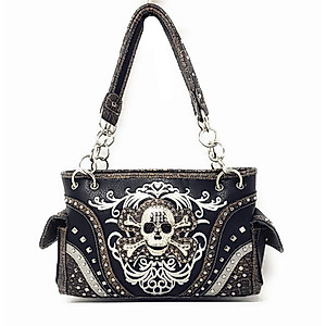 Texas West Women's Embroidered Metal Skull Purse Handbag and Wallet set in 7 colors (Black Set)