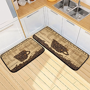 ALAZA Coffee Vintage 2 Piece Kitchen Rug Floor Mat Set Runner Rugs Non-Slip for Kitchen Laundry Office 20" x 28" + 20" x 48"