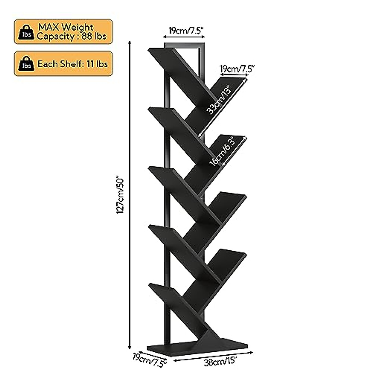 Yusong Tree Bookshelf, Geometric Bookcase with Steel Pipe for Living Room Bedroom, Floor Standing Books Shelves for Home Office (Black, 9 Tier)