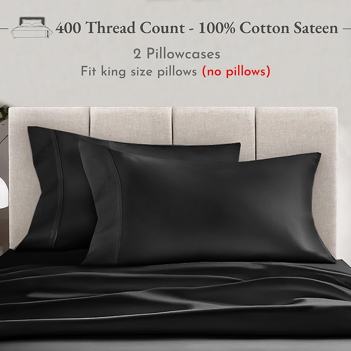 California Design Den King Size Pillowcase Set - 400 Thread Count, 100% Cotton Sateen, Luxury Set of 2 Pillow Covers, Breathable, Cooling, Soft for Comfortable Quality Sleep - Black