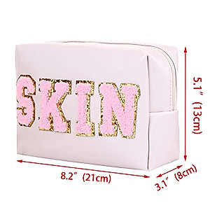 oaesc Cosmetic Bag Chenille Letter Patches Waterproof Travel Pouch PU Makeup with Wrist Strap Bags (Beige-SKIN)
