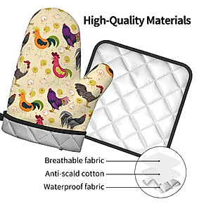 DEYIMERI Chickens Rooster Oven Mitts and Pot Holders Sets,Heat Resistant Oven Gloves with Hanging Loop for Safe Kitchen,Cooking,Baking,Grilling