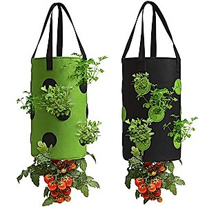 2 Pack Black and Green Upside Down Tomato & Herb Planter, Hanging Durable Aeration Fabric Strawberry Planter Bags