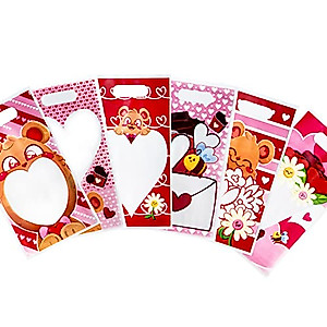 JOYIN 48 Pcs Valentine’s Day Gift Bag Plastic Treat Bags, Cellophane Candy Bags in 6 Designs with Heart Shaped Window for Kids Valentine Party Favor Supplies, Classroom Gift Exchange Goodie Bags