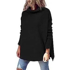 LILLUSORY Women's Mock Turtleneck Sweater Oversized Long Sleeve Casual Knit Pullover Tunic Tops Wear with Leggings Black XL