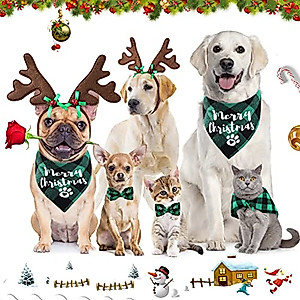 Idepet 3 PCS Christmas Dog Bandanna Bow Tie Collar with Reindeer Headband Costume Xmas Pet Plaid Triangle Bibs Scarf Kitten Adjustable Bow Tie for Cats and Dogs Puppy Christmas Decoration (Green)
