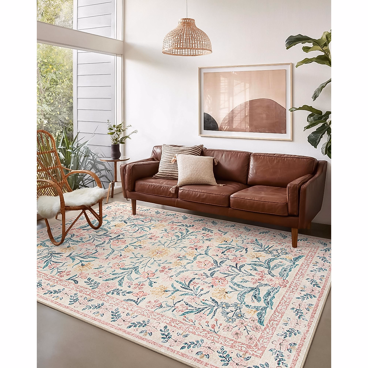 Wonnitar Machine Washable 5x7 Rug, Pink Rugs for Bedroom Girls, Boho Soft Floral Nursery Rug Non Slip, Indoor Ultra-Thin Floor Carpet Area Rug for Kid Room Living Room Dorm