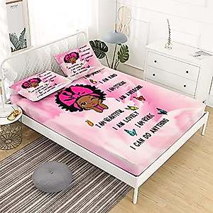 Gusuhome Black Girl Magic Bedding Sets Twin Size African American Girl Fitted Sheet Set Cute Little Afro Black Princess Bed Sheet Set for Girl Bedroom Room Decor (1 Fitted Sheet + 1 Pillowcases) Pink