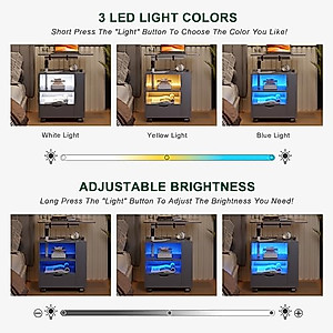 HNEBC LED Nightstand with Wireless Charging Station,Grey Nightstand Has Adjustable Rotary Table,Bedside Tables with One Drawer and 2 Mezzanines/Infrared Induction 3 Color Lighting (On The Right)
